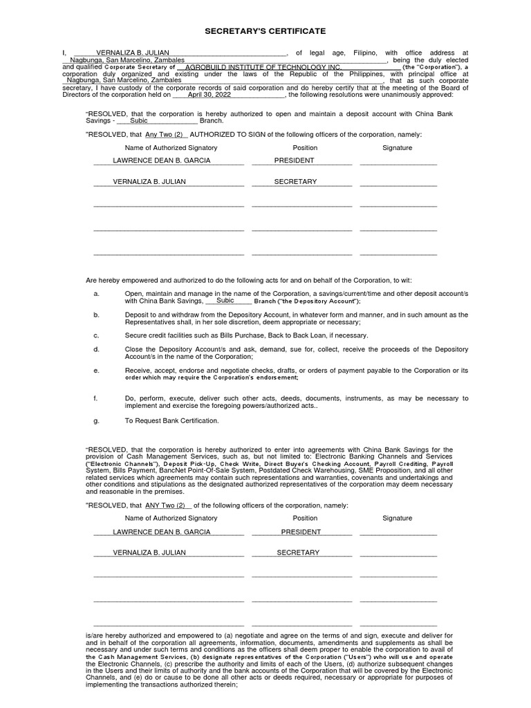 Secretary's Certificate for Bank Account | PDF | Business