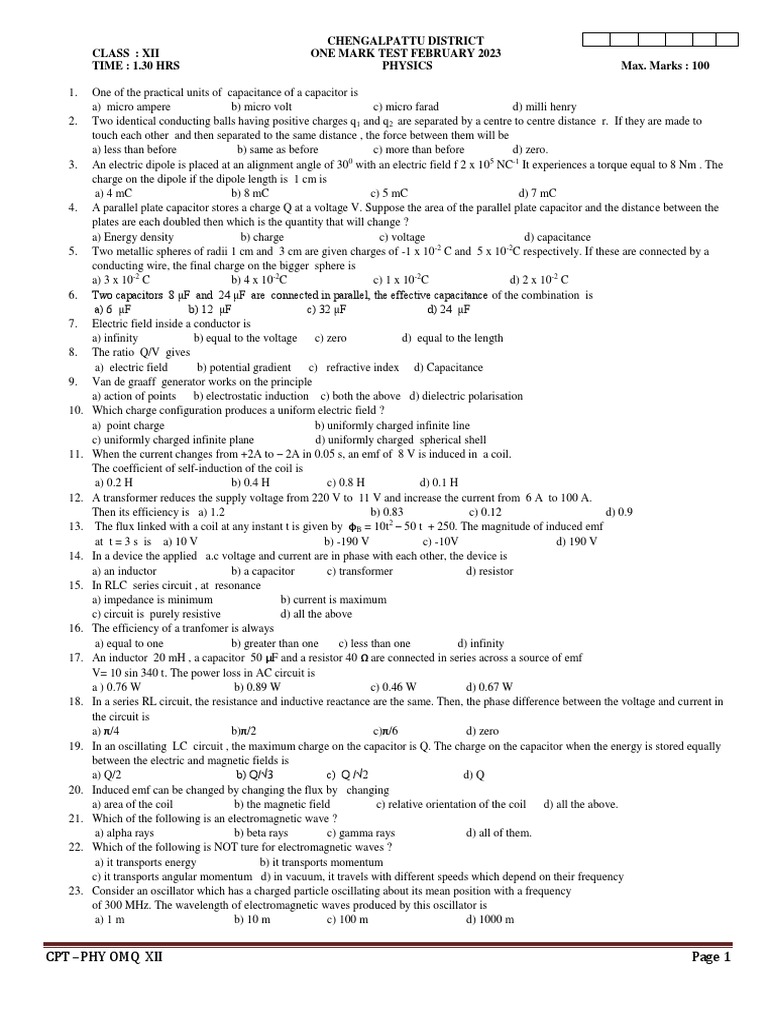 +2 Physics (One Mark) - Feb 2023 - EM | PDF