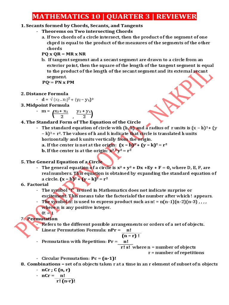 Mathematics 10 - Quarter 3 - Reviewer | PDF