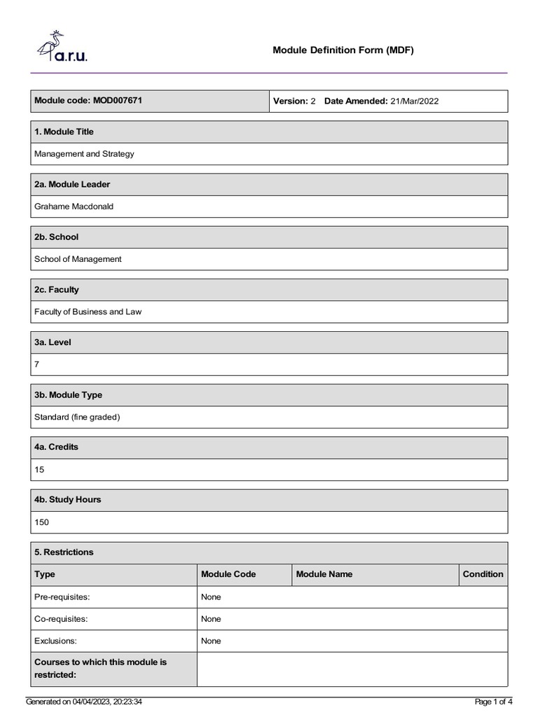 Module Definition Form (MDF) : Generated On 04/04/2023, 20:23:34 Page 1 ...