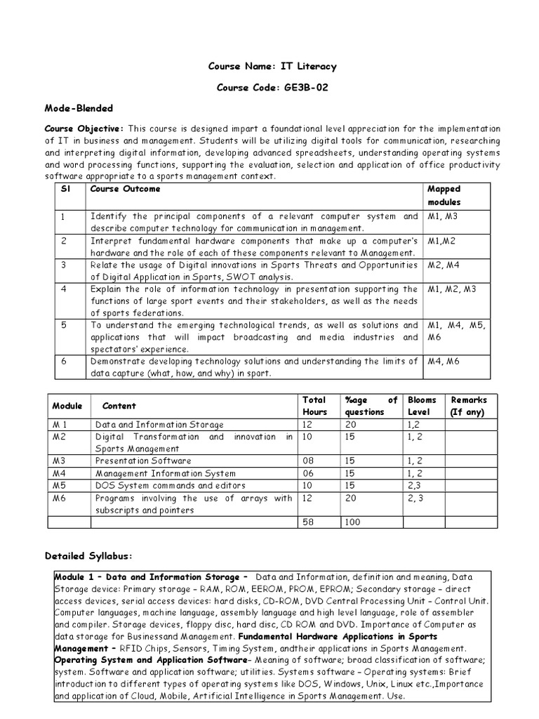 IT Literacy Syllabus | PDF | Computers