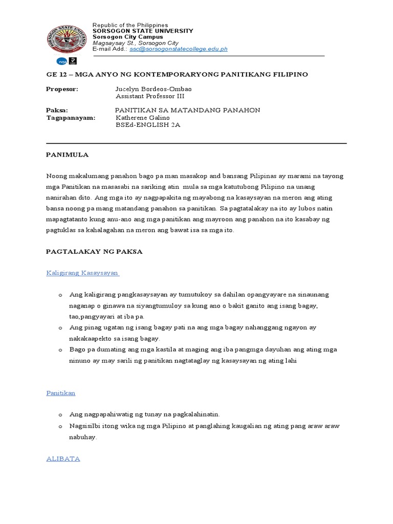 Ge 12 - Mga Anyo NG Kontemporaryong Panitikang Filipino Propesor: Paksa ...