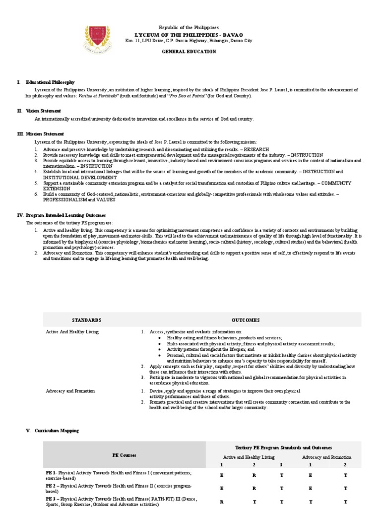 PE 1 Course Syllabus | Download Free PDF | Physical Fitness | Physical ...