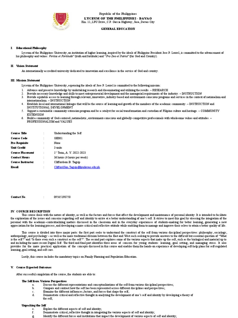 Understanding The Self Course Syllabus | PDF | Identity (Social Science) | Self