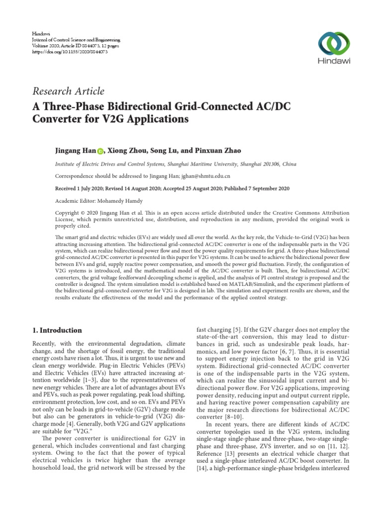 Research Article: A Three-Phase Bidirectional Grid-Connected AC/DC Converter For V2G ...