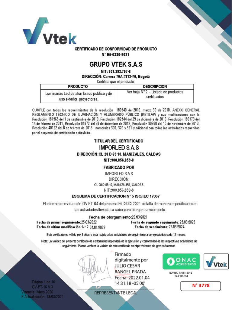 Certificado de Conformidad Vtek - Luminarias Alumbrado Público - Marca IMPORLED | PDF | Diodo ...
