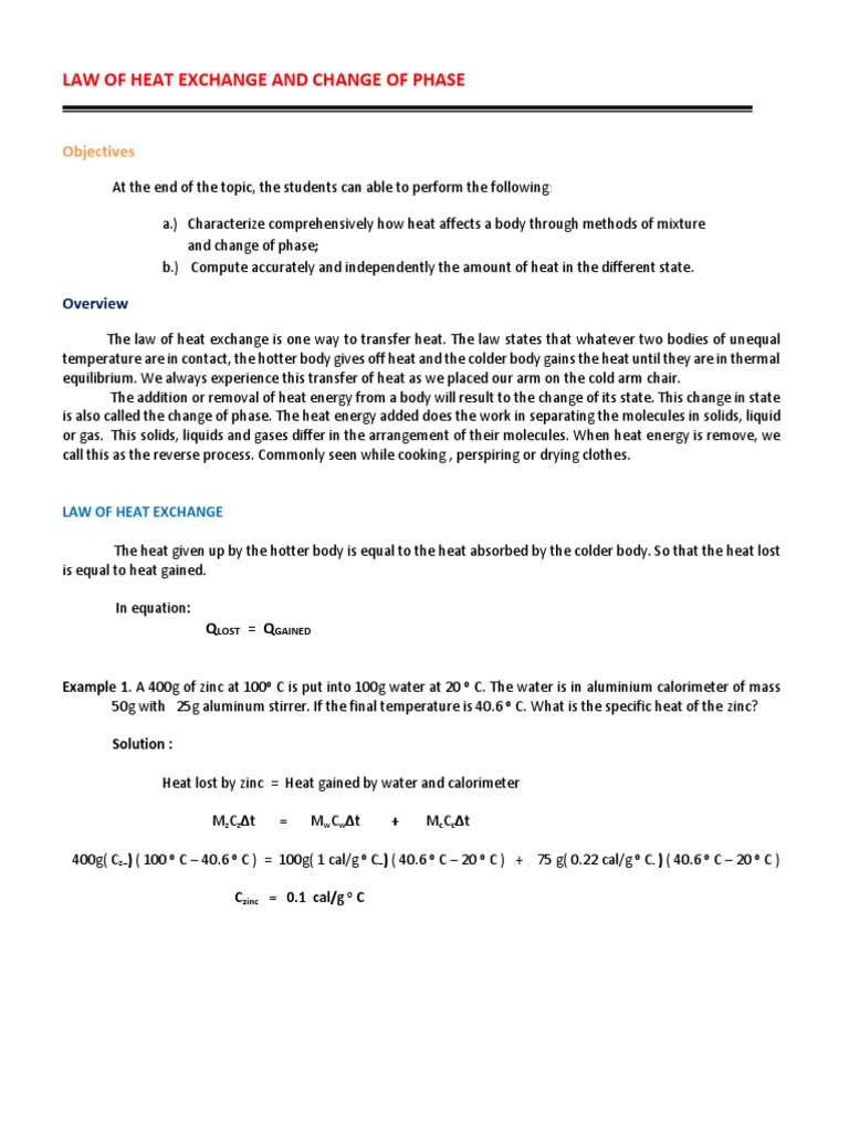 Phys 211 11a.law of Heat Exchange and Change of Phase | PDF | Heat Transfer | Heat