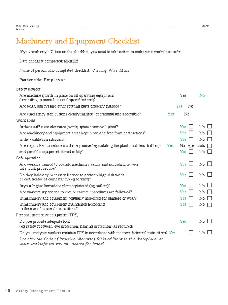Machinery and Equipment Checklist: No Yes Yes Yes Yes Yes Yes Yes Yes ...