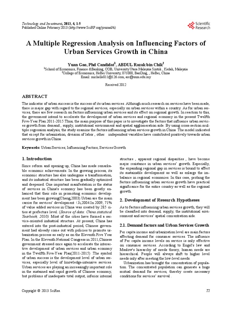 A Multiple Regression Analysis On Influencing Factors of Urban Services Growth in China | PDF ...