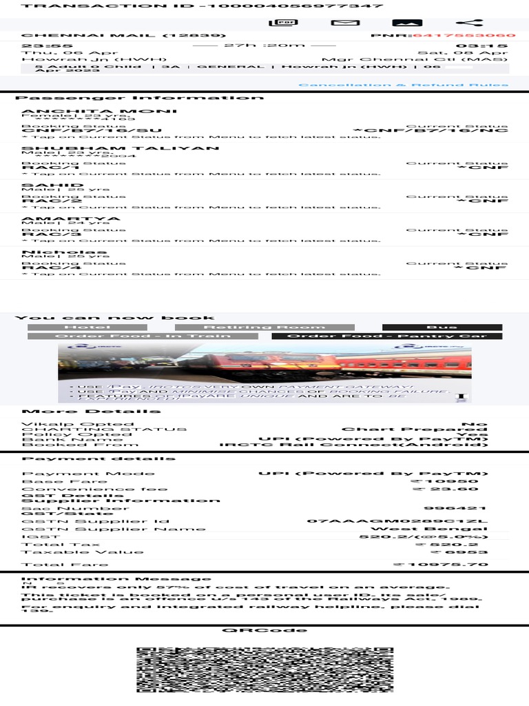 Rail Ticket For Going Cheenai To Howrah-3 | PDF | Money | Taxation