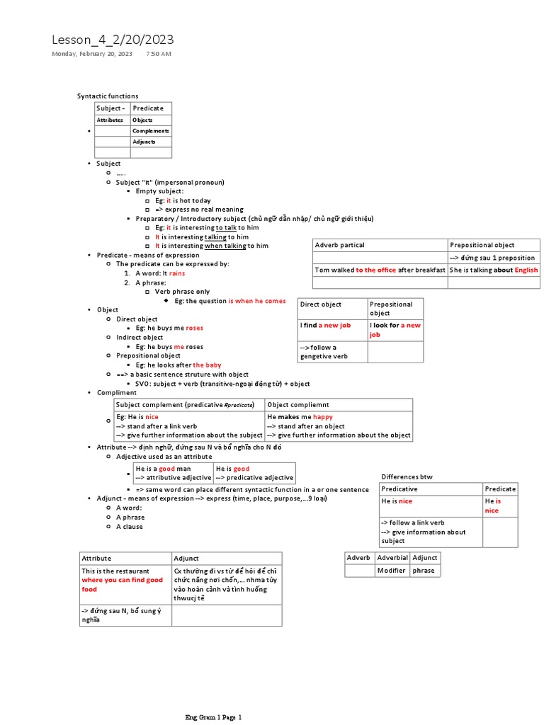 Notes Syntactic Function Download Free Pdf Verb Subject Grammar