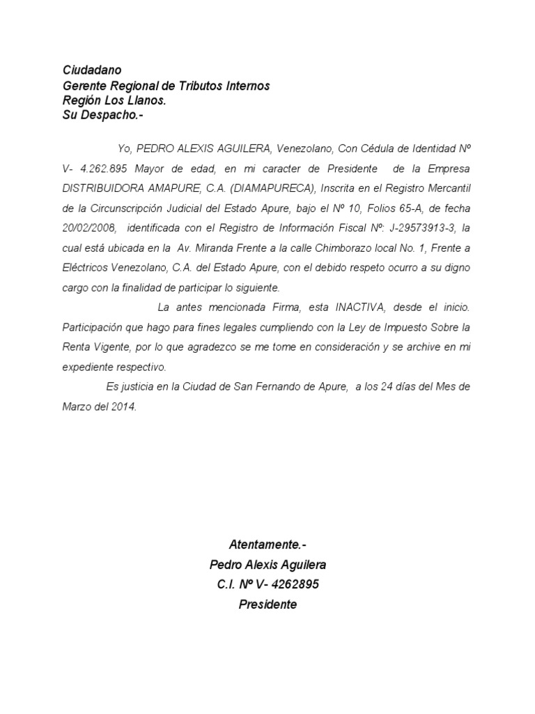 Carta de Inactividad Diamapureca | PDF Carta de Inactividad Diamapureca | PDF
