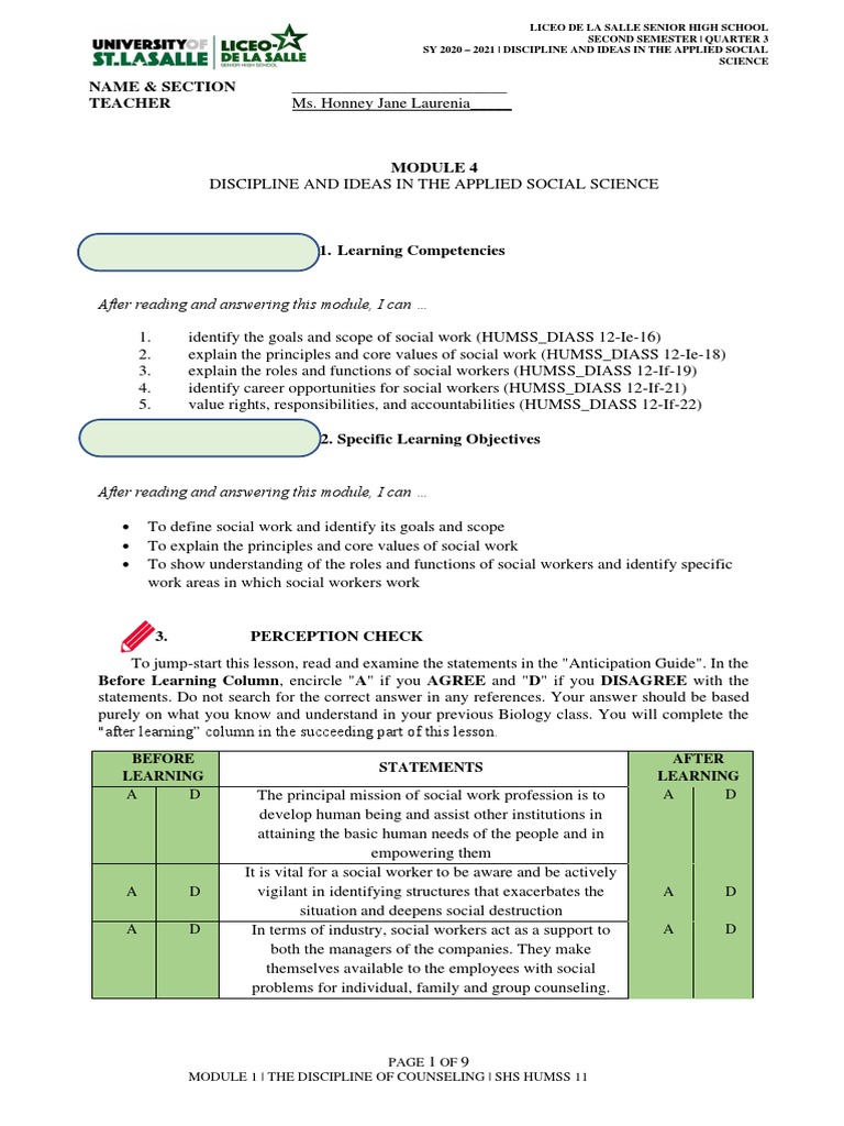 DIASS WEEK 4 MODULE - Social Work | PDF | Social Work | Psychotherapy