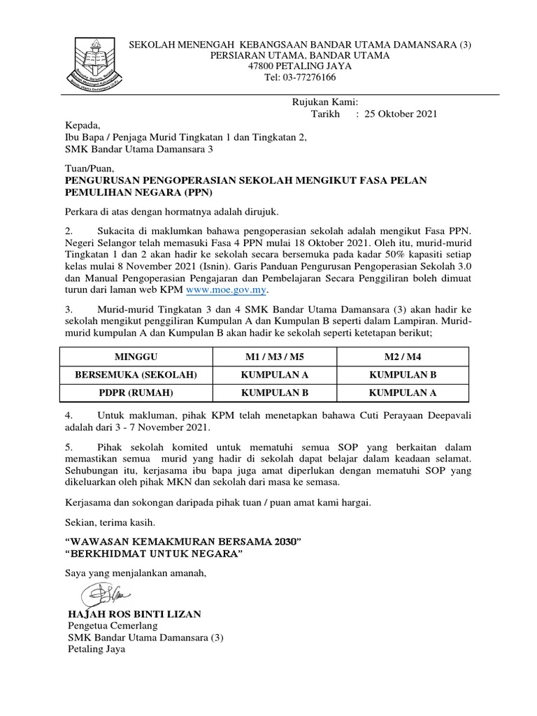 Surat Makluman Pembukaan Sekolah T1 Dan T2 | PDF