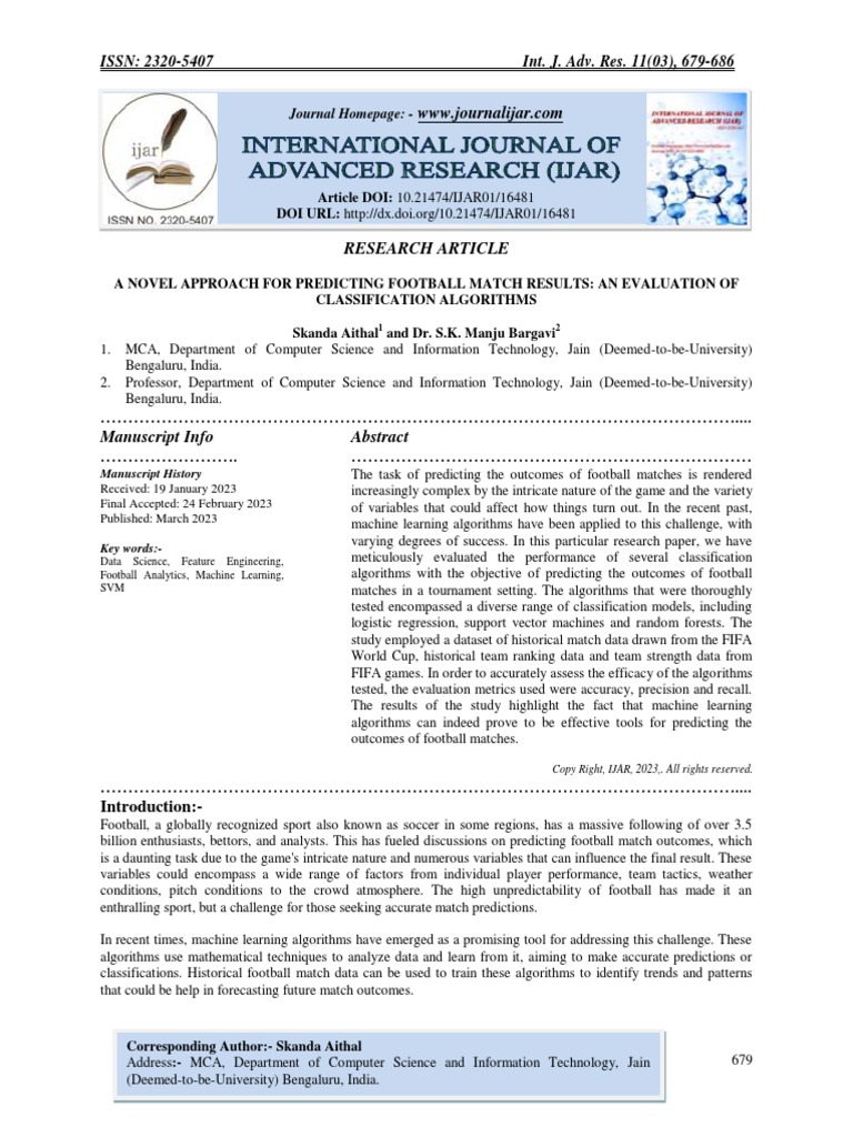 A Novel Approach For Predicting Football Match Results: An Evaluation of Classification ...