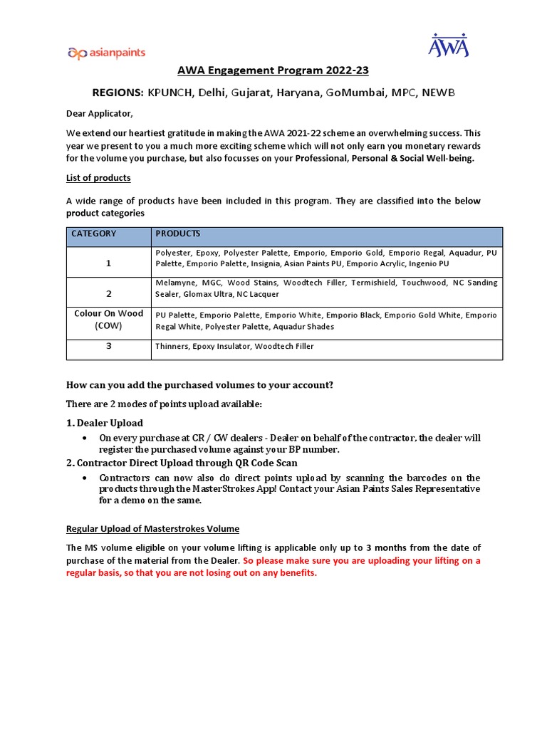 Awa Engagement Program 2022-23 Regions: Kpunch, Delhi, Gujarat, Haryana ...