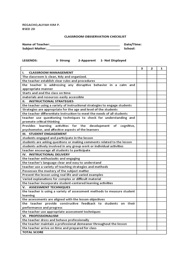 Classroom Observation Checklist | PDF | Teachers | Psychological Concepts