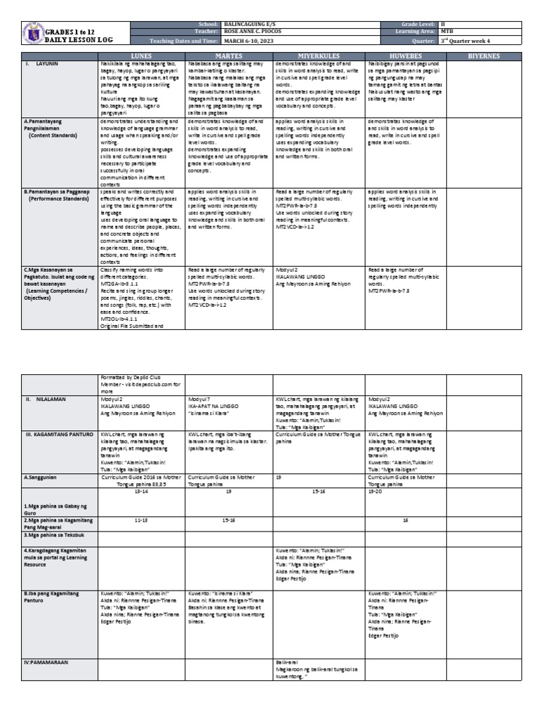DLL - MTB 2 - Q1 - W2 (AutoRecovered) | PDF | Vocabulary | Cognitive Science