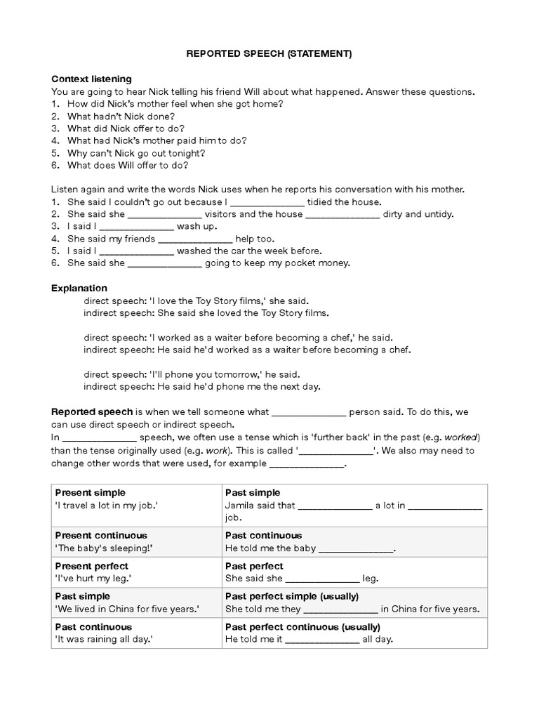 Reported Speech (Statement) | PDF