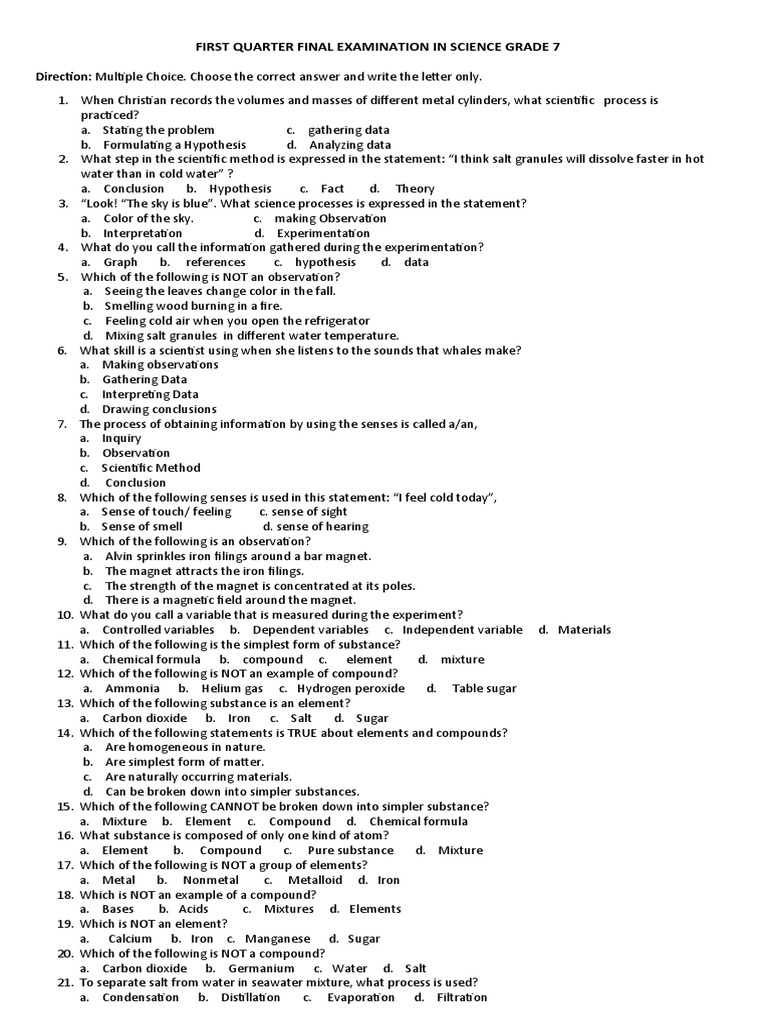 GRADE 7 SCIENCE EXAM | PDF | Mixture | Solubility