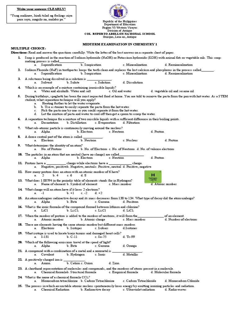 Final Exam in Chem 1 | PDF | Atoms | Proton