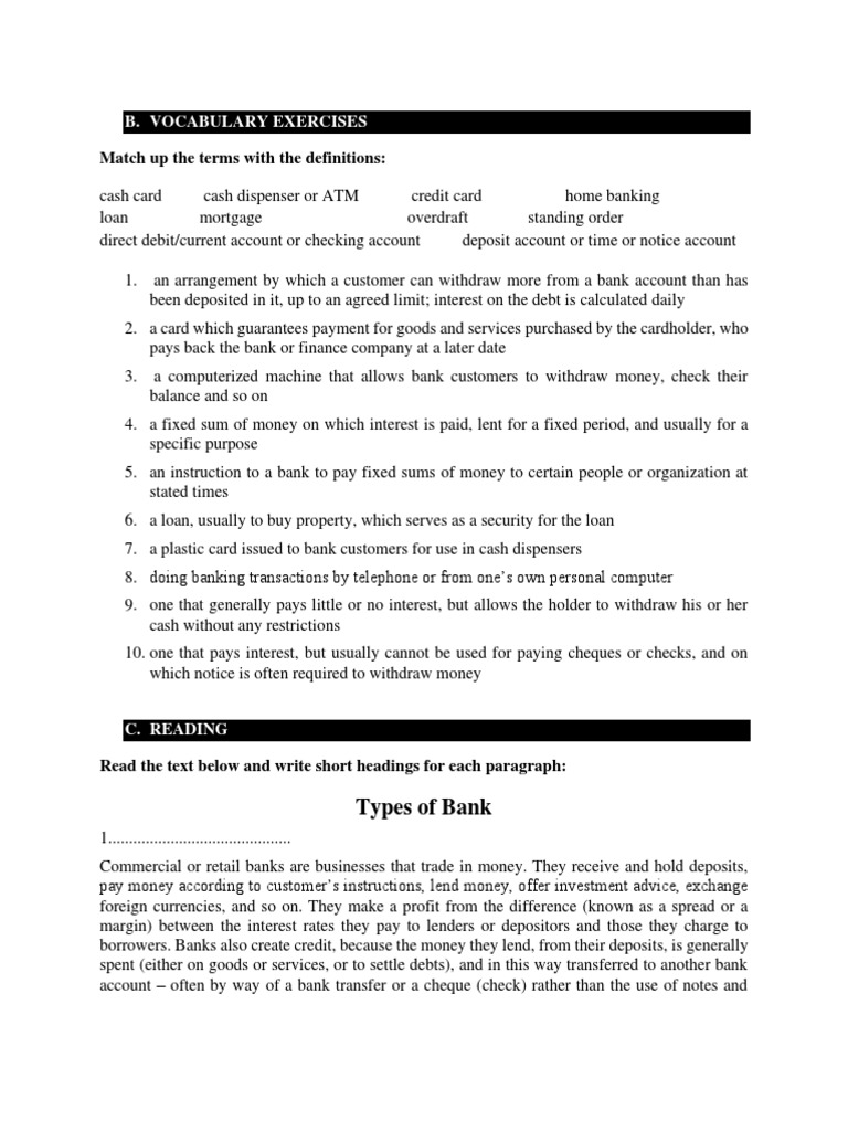 Unit 1 - BANKING - VOCABULARY EXERCISES | PDF