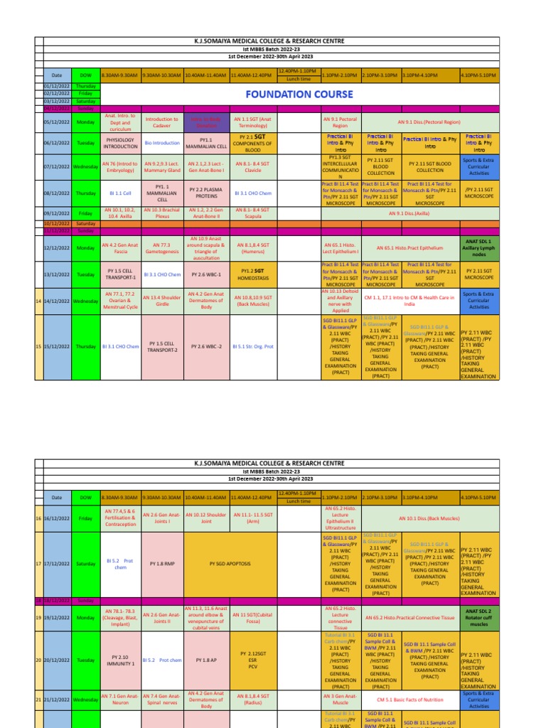 Time Table MBBS 2022-23 (1) - Dec. 22 To April 23 | PDF