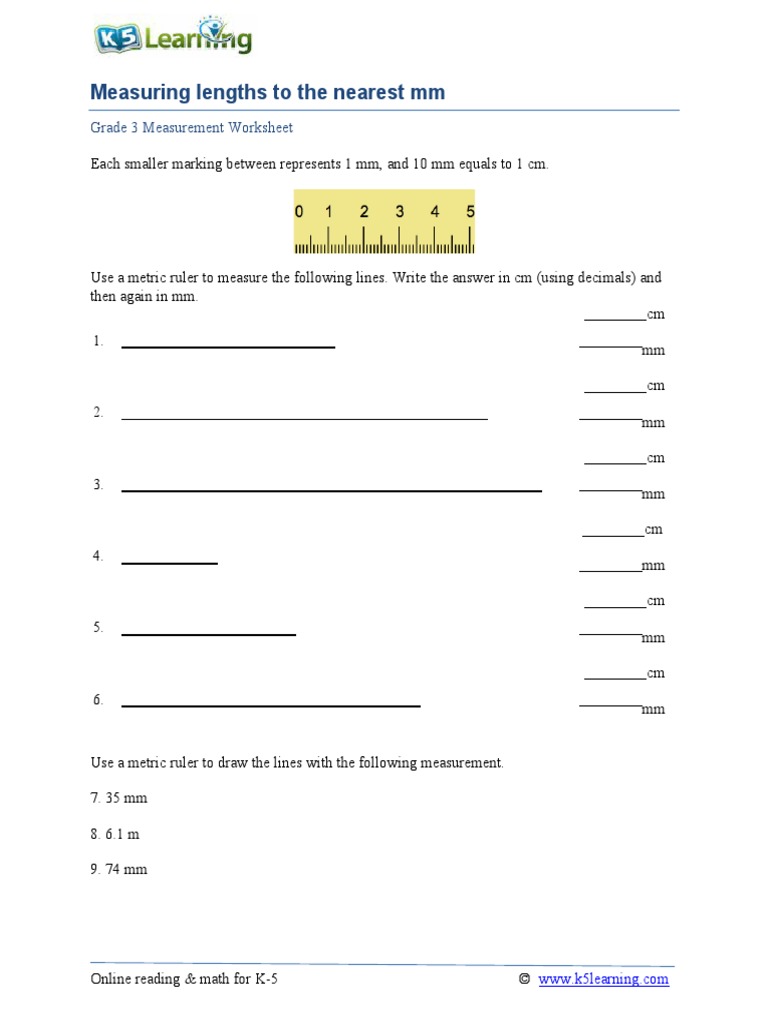 Measuring Lengths To The Nearest MM: Grade 3 Measurement Worksheet | PDF