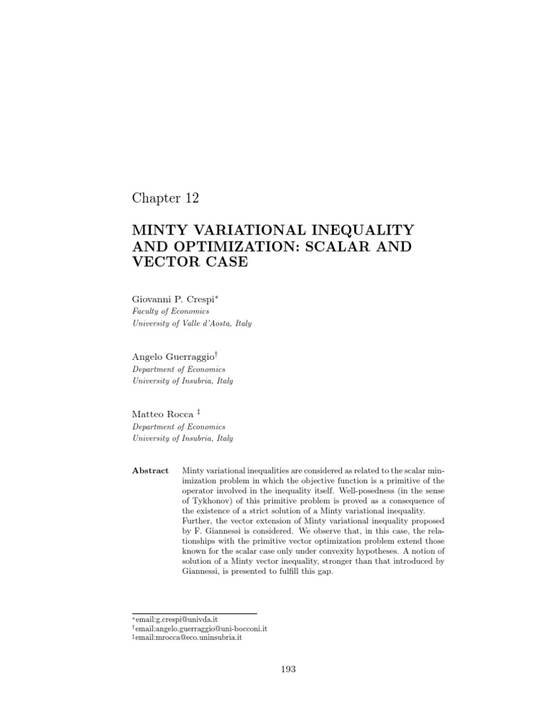 Minty Variational Inequality and Optimization: Scalar and Vector Case | PDF | Inequality ...