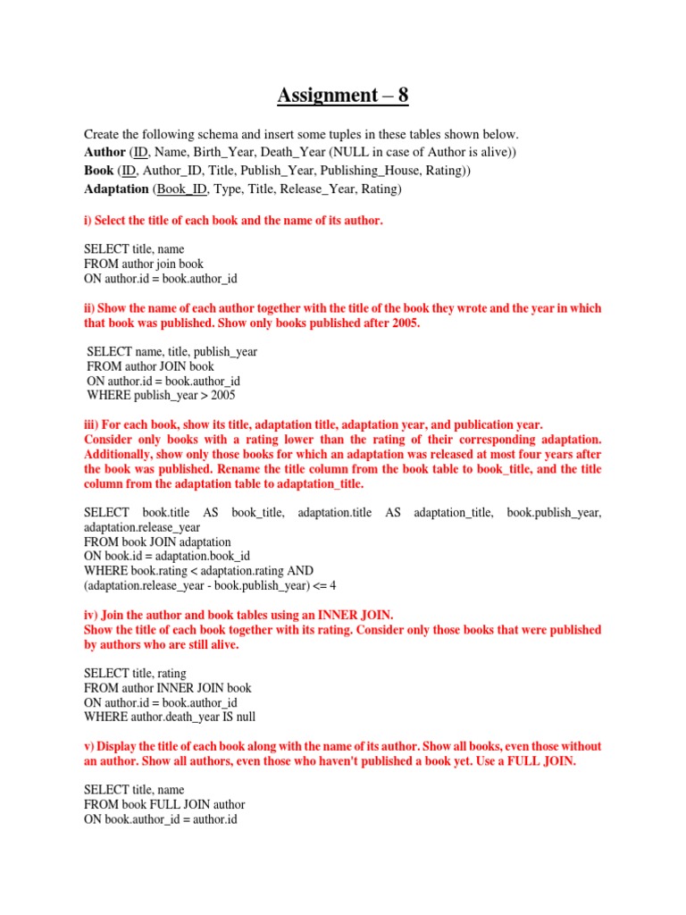 Assignment - 8: Create The Following Schema and Insert Some Tuples in These Tables Shown Below ...