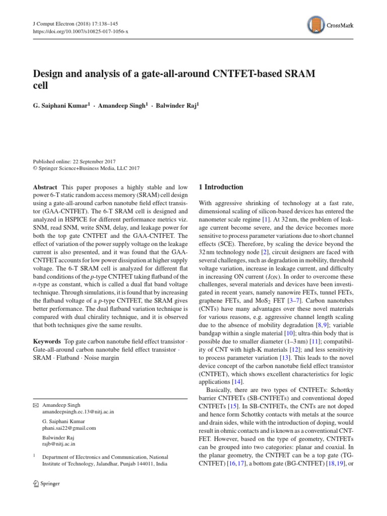 Design and Analysis of A Gate-All-Around CNTFET-based SRAM Cell | PDF | Field Effect Transistor ...