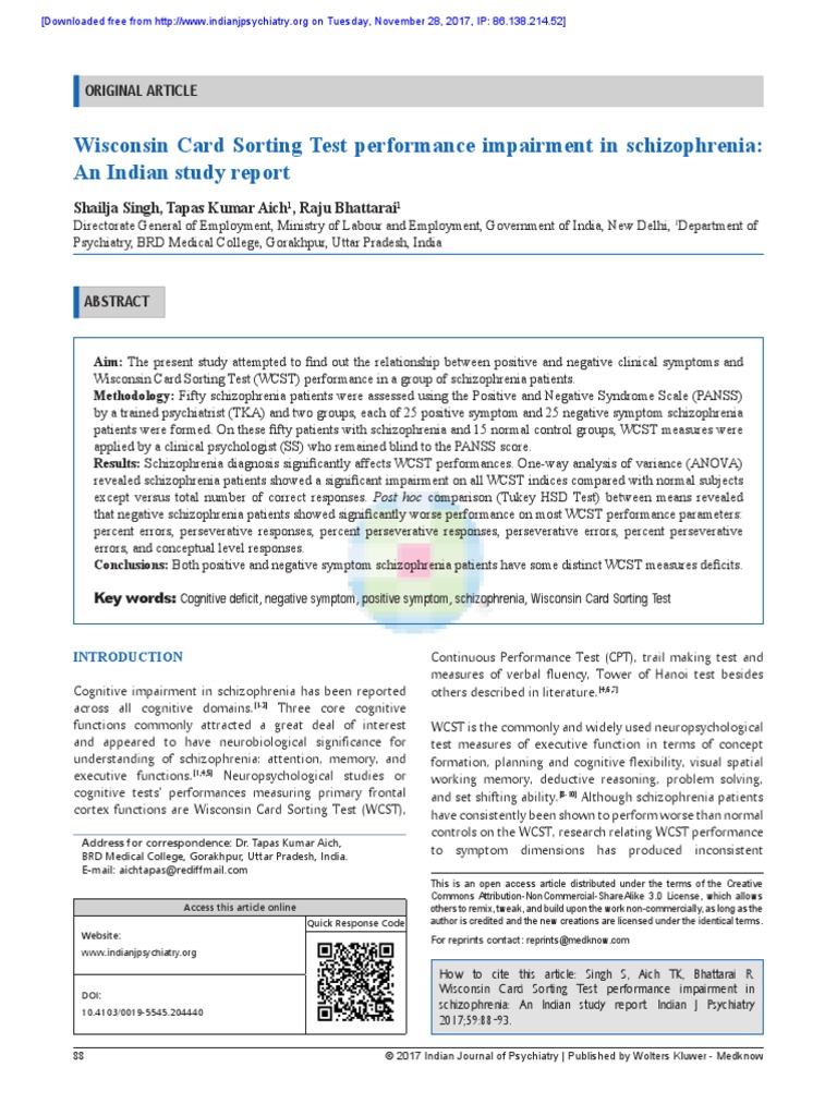 Wisconsin Card Sorting Test Performance Impairment | PDF ...