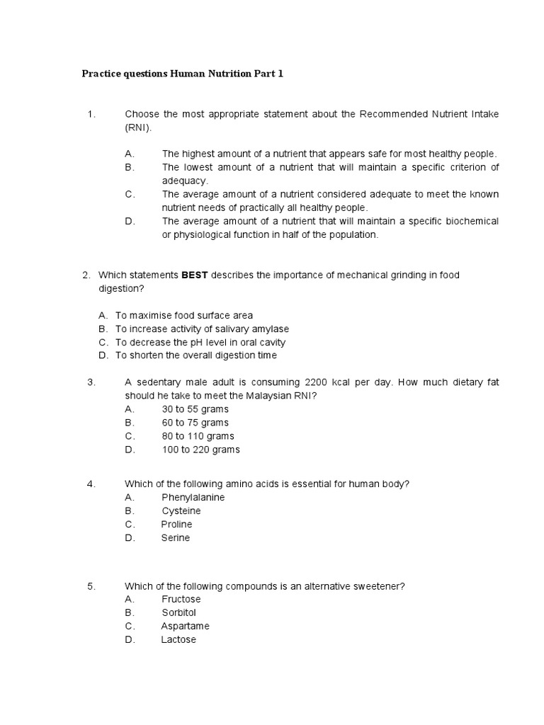 Human Nutrition Practice Questions Part 1 | PDF | Diet & Nutrition ...