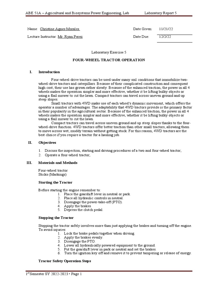 ABE 51A Laboratory Exercise No. 5 | PDF | Tractor | Vehicles ABE 51A Laboratory Exercise No. 5 | PDF | Tractor | Vehicles
