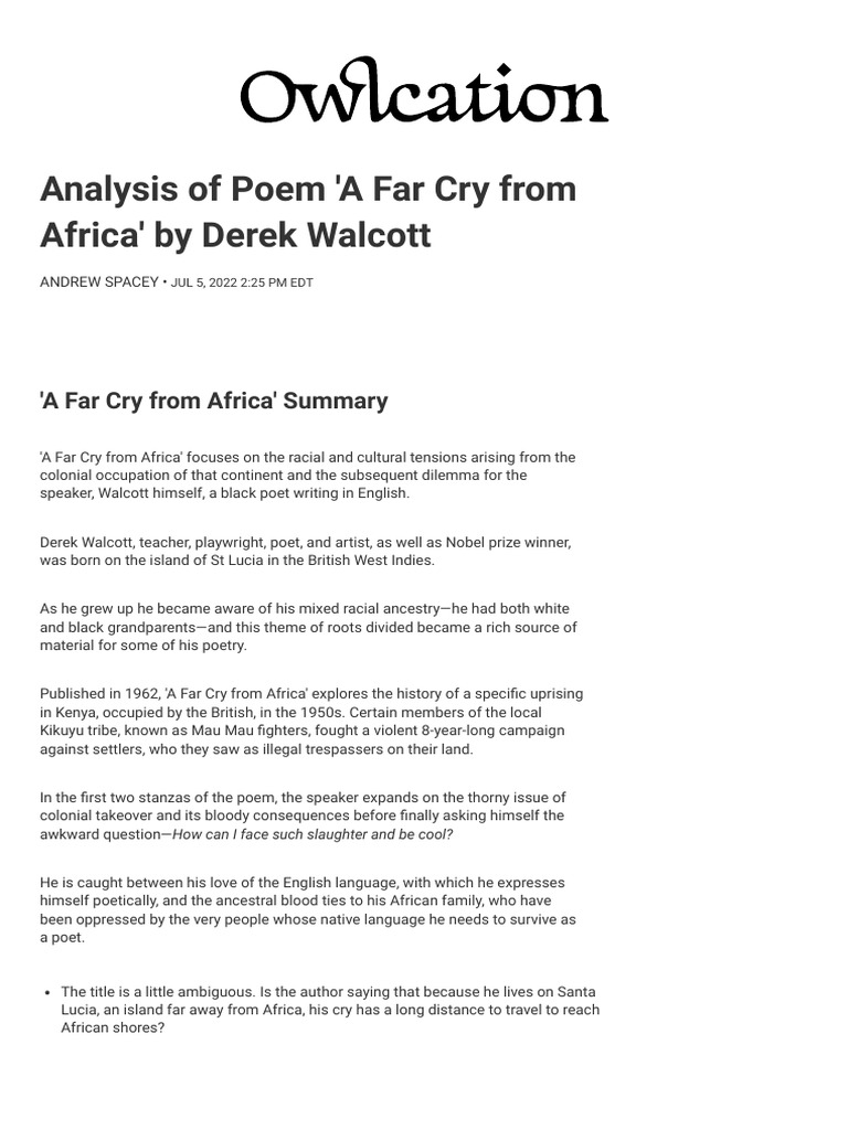Analysis of Poem 'A Far Cry From Africa' by Derek Walcott - Owlc | PDF ...
