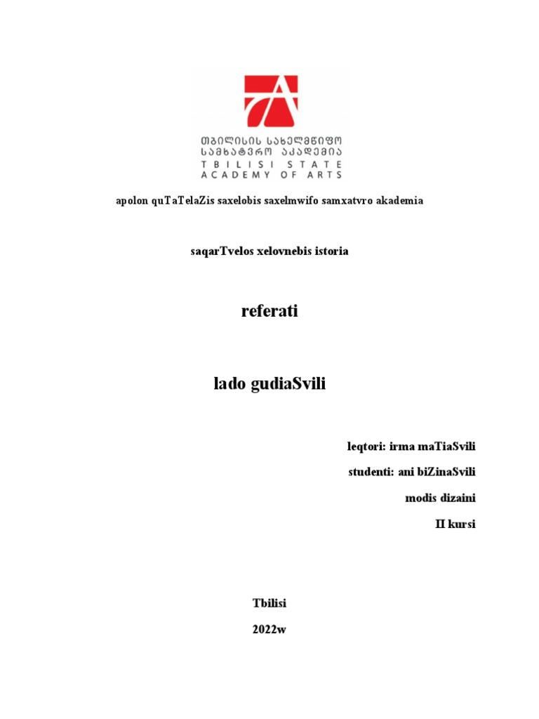 Referati: Apolon Qutatelazis Saxelobis Saxelmwifo Samxatvro Akademia | PDF