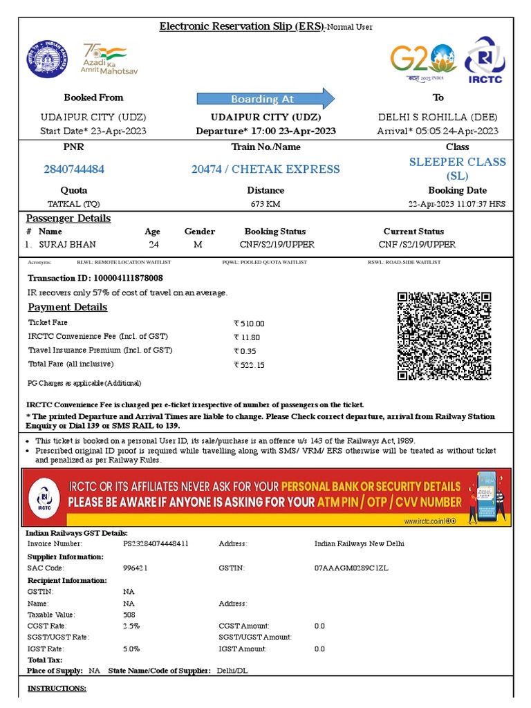 Chetak Express Sleeper Class (SL) | PDF | Identity Document
