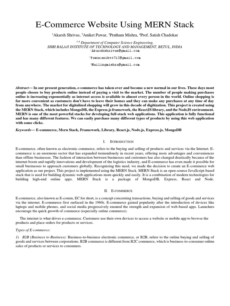 E-Commerce Website Using MERN Stack: Akarsh Shrivas, Aniket Pawar, Pratham Mishra, Prof. Satish ...