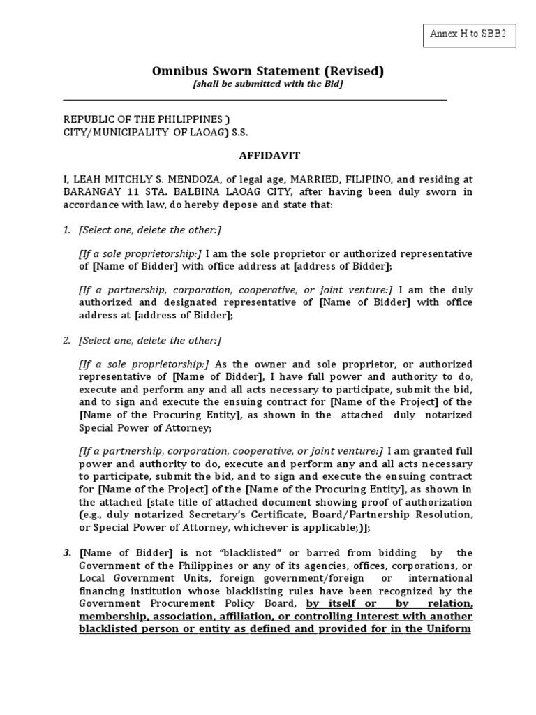 SBB2 - Annex H - Omnibus Sworn Statement - 2021 CB 013a | PDF | Sole ...