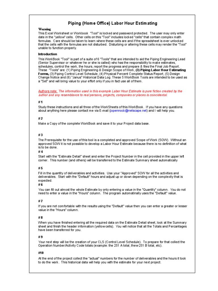 Piping (Home Office) Labor Hour Estimating: Warning | PDF | Worksheet ...