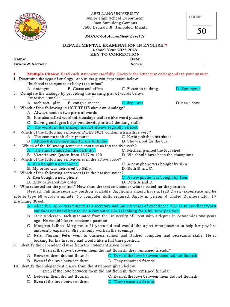 Departmental Exam in English 7 K2C | PDF | Amphibian | Communication