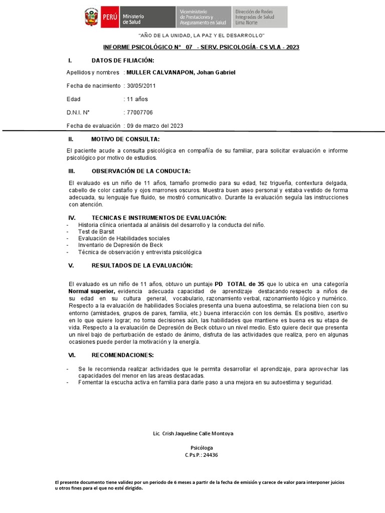 Informe Psicológico de Johan Muller, 11 Años | PDF | Evaluación | Sicología