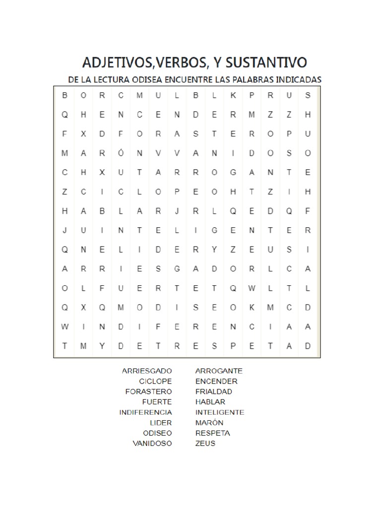 Sopa de Letras Adjetivos, Verbos y Sustantivos | PDF