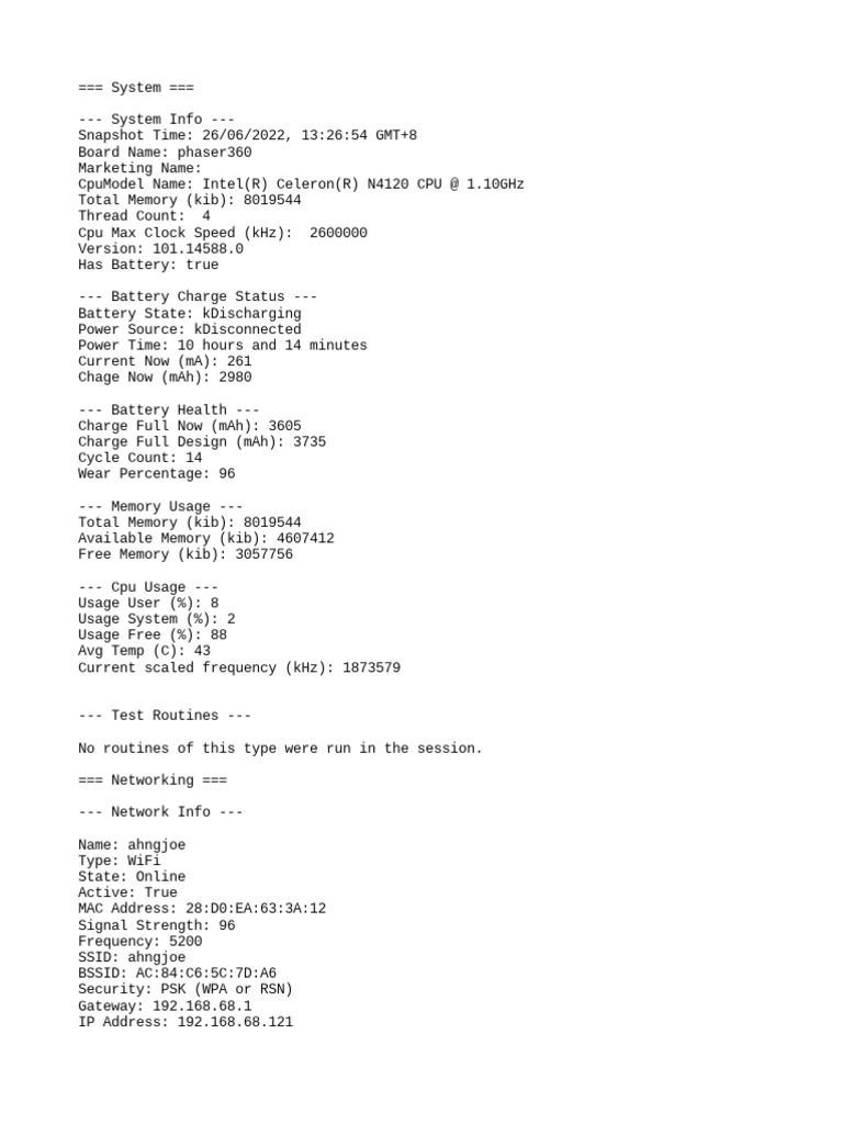System and Network Diagnostics Report Detailing Hardware Specifications ...