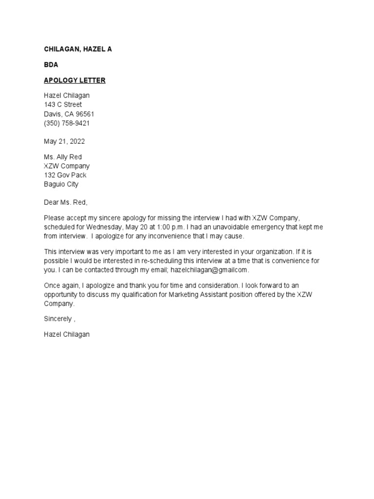 Chilagan, Hazel A BDA Apology Letter | PDF