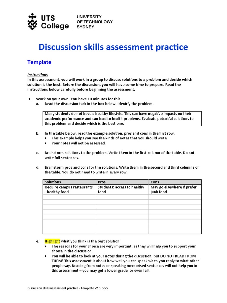 AE4.1 Discussion skills assessment practice - Template | PDF