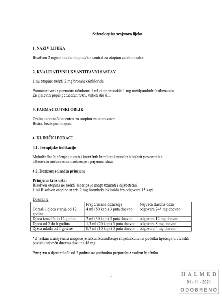 Bisolvon 2 MG ML Oralna Otopina Koncentrat Za Otopinu Za Atomizator SPC ...