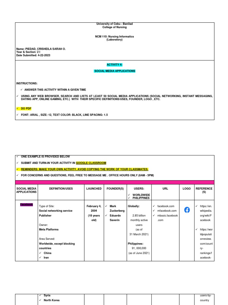 Social Media Applications - NCM 110 Nursing Informatics - Lab | PDF | Facebook | Snapchat