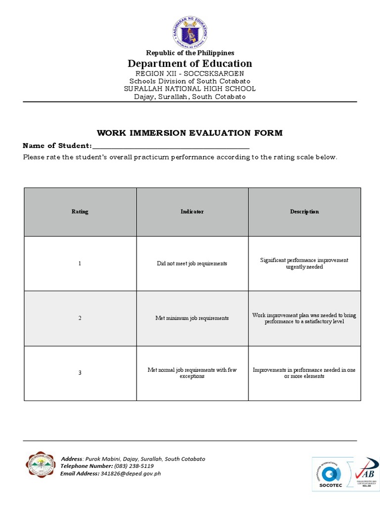 Student Work Immersion Evaluation | PDF