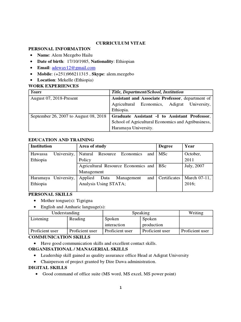 Alem Mezgebo Hailu CV and Expertise | PDF | Ethiopia | Economics